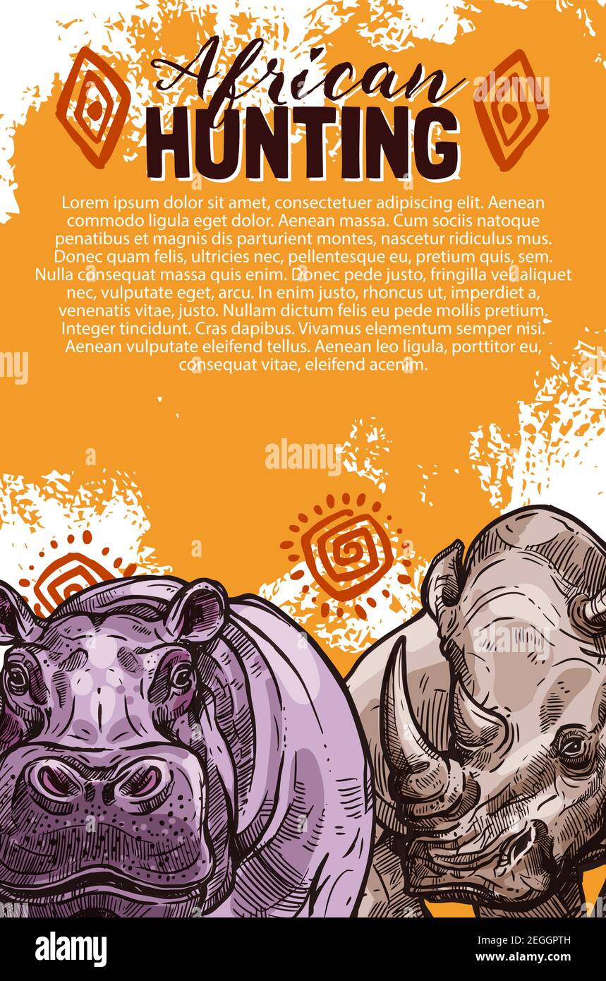 African hunting banner with wild safari animal sketch. Rhino and hippo ...