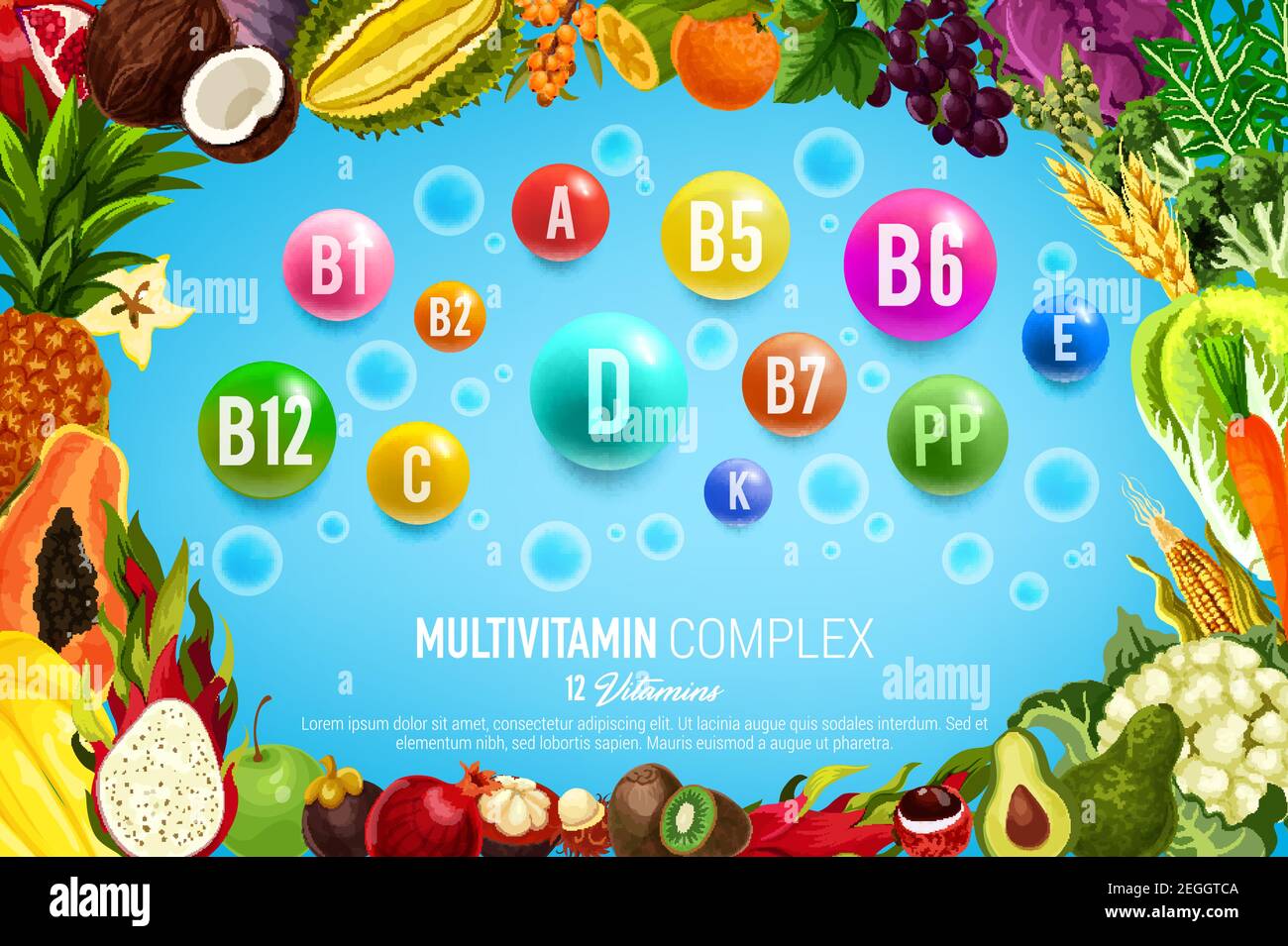 Vitamin and mineral banner with healthy food, vegetable and fruit frame ...