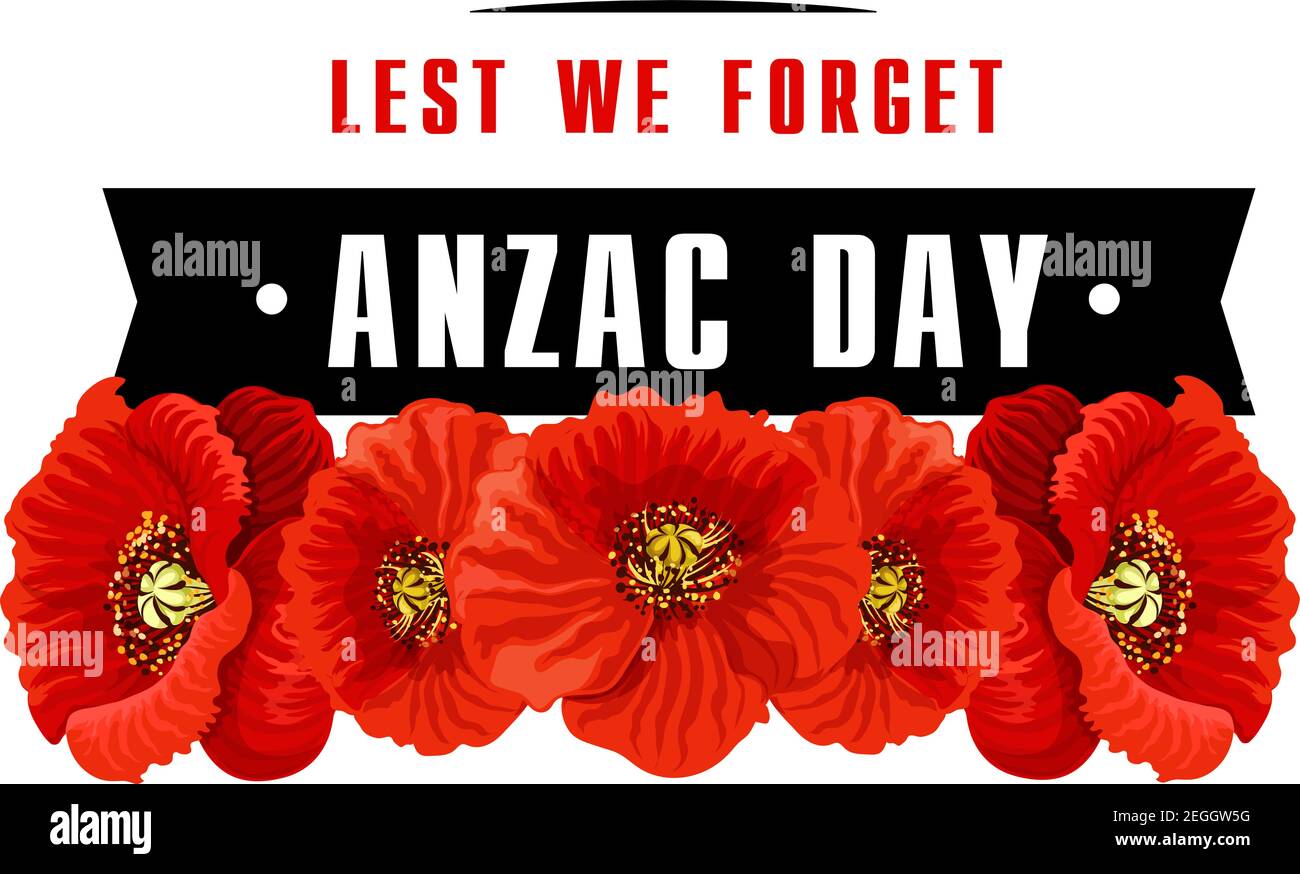 Anzac Day poppy icon with Lest We Forget banner. Red poppy flower with ...