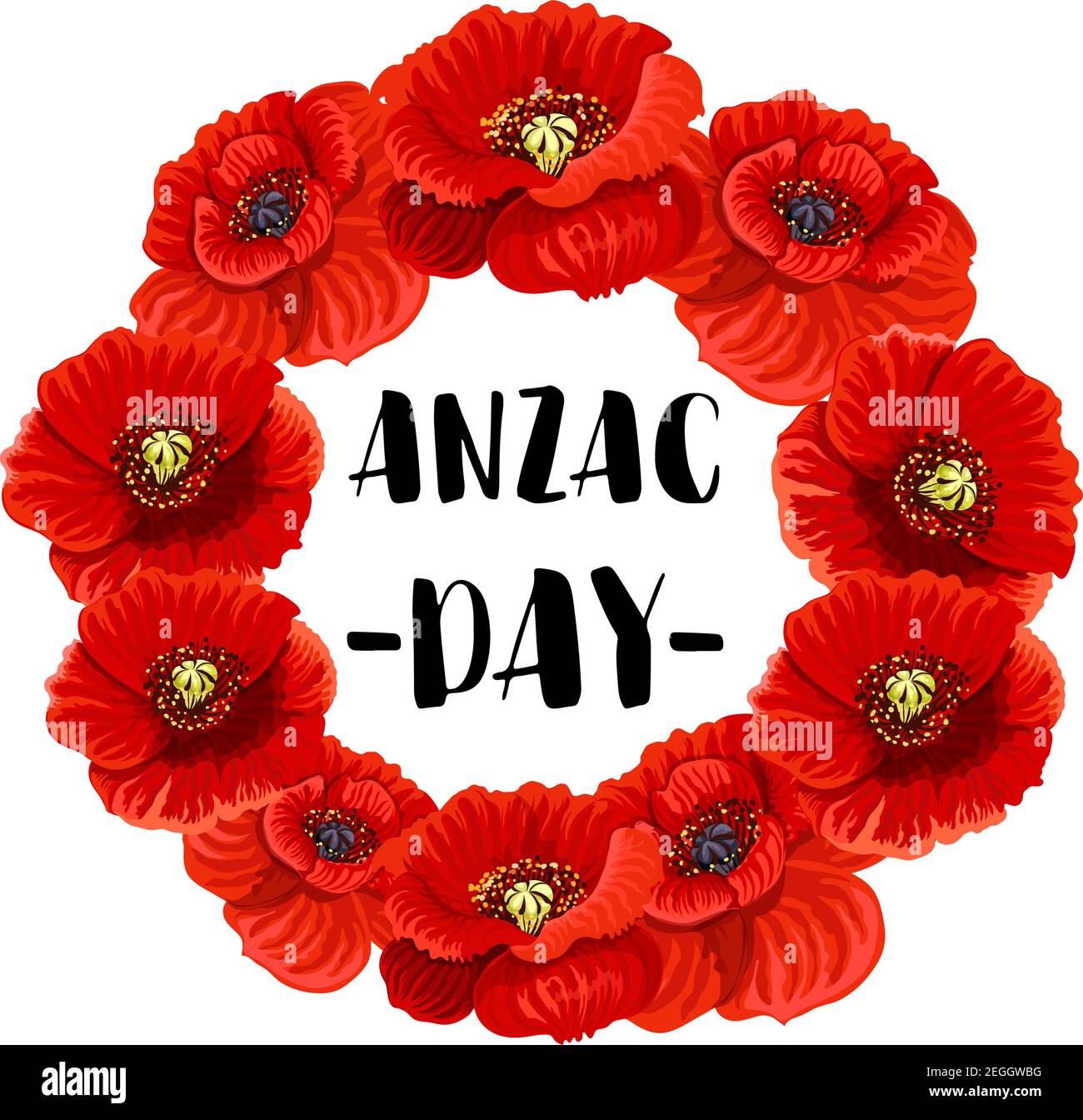 Anzac Day memorial wreath icon of red poppy flower. Floral frame with ...