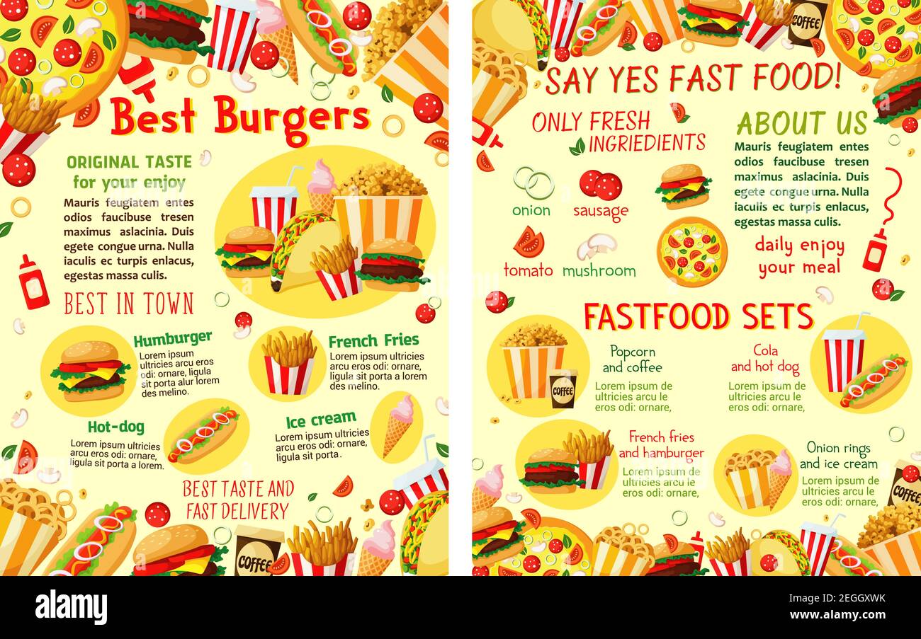 Fast food posters of sandwiches and burgers for fastfood restaurant or ...