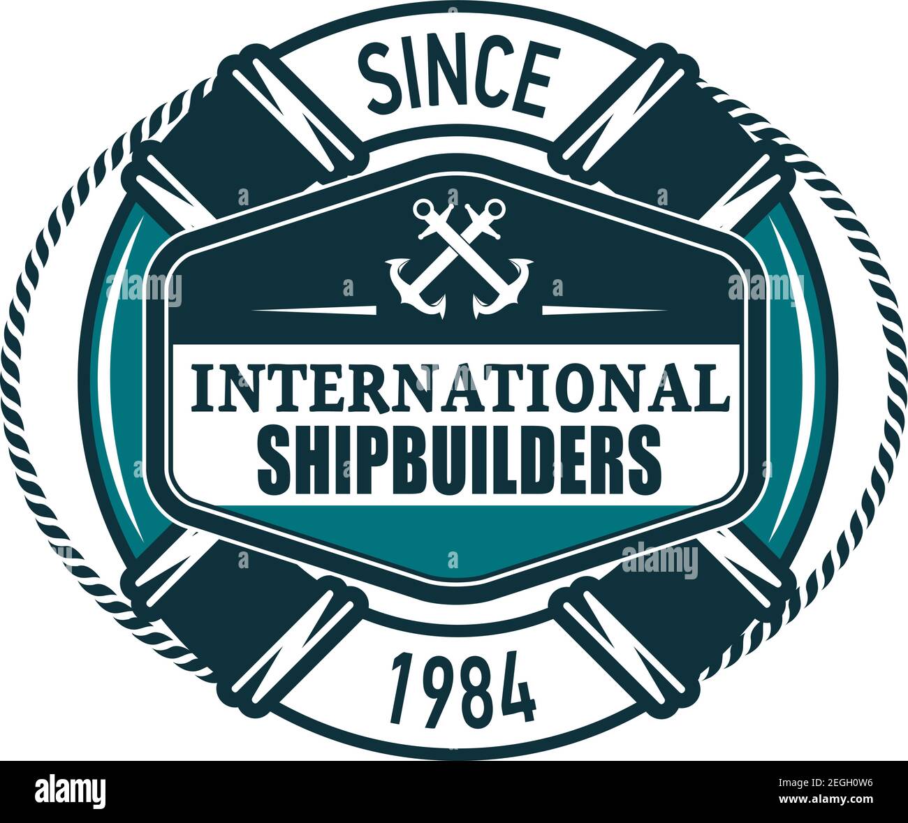 Shipbuilder heraldic icon of marine life buoy and seafarer crossed ...