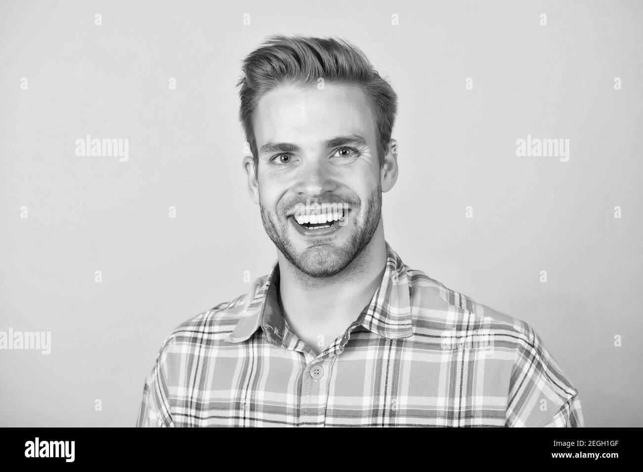 Dental care you trust. Happy guy smile yellow background. Handsome guy ...