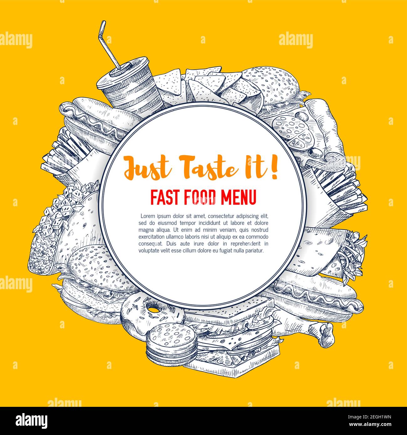 Fast food sketch poster of burger, sandwich and fastfood dessert for ...