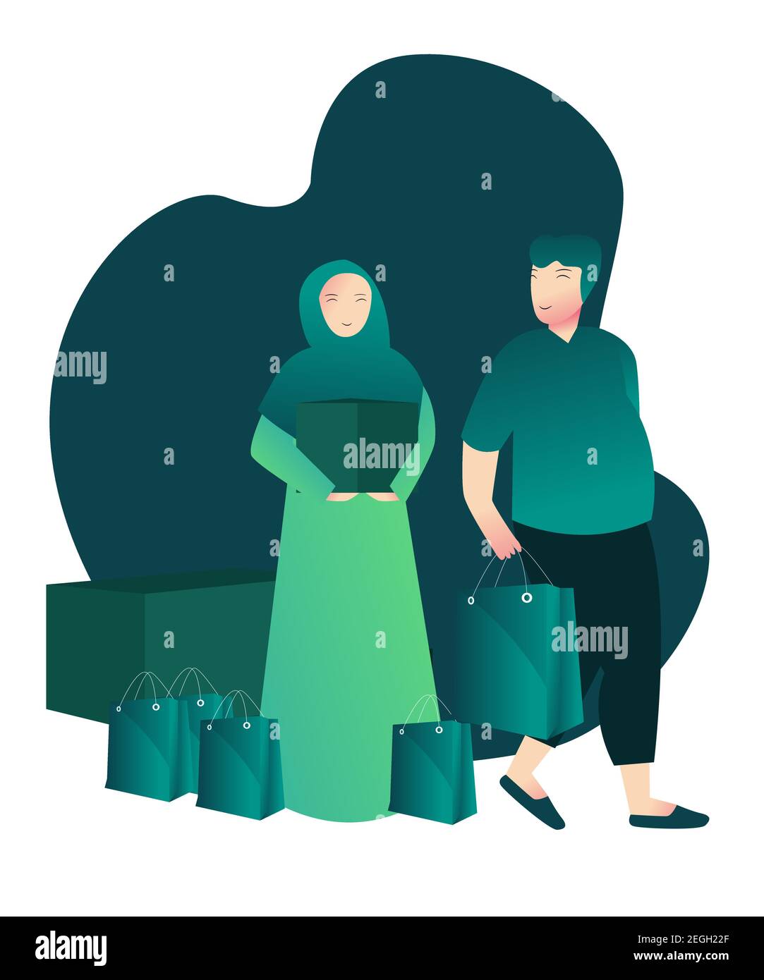 open donation concept islamic woman give shopping bag to man with ...