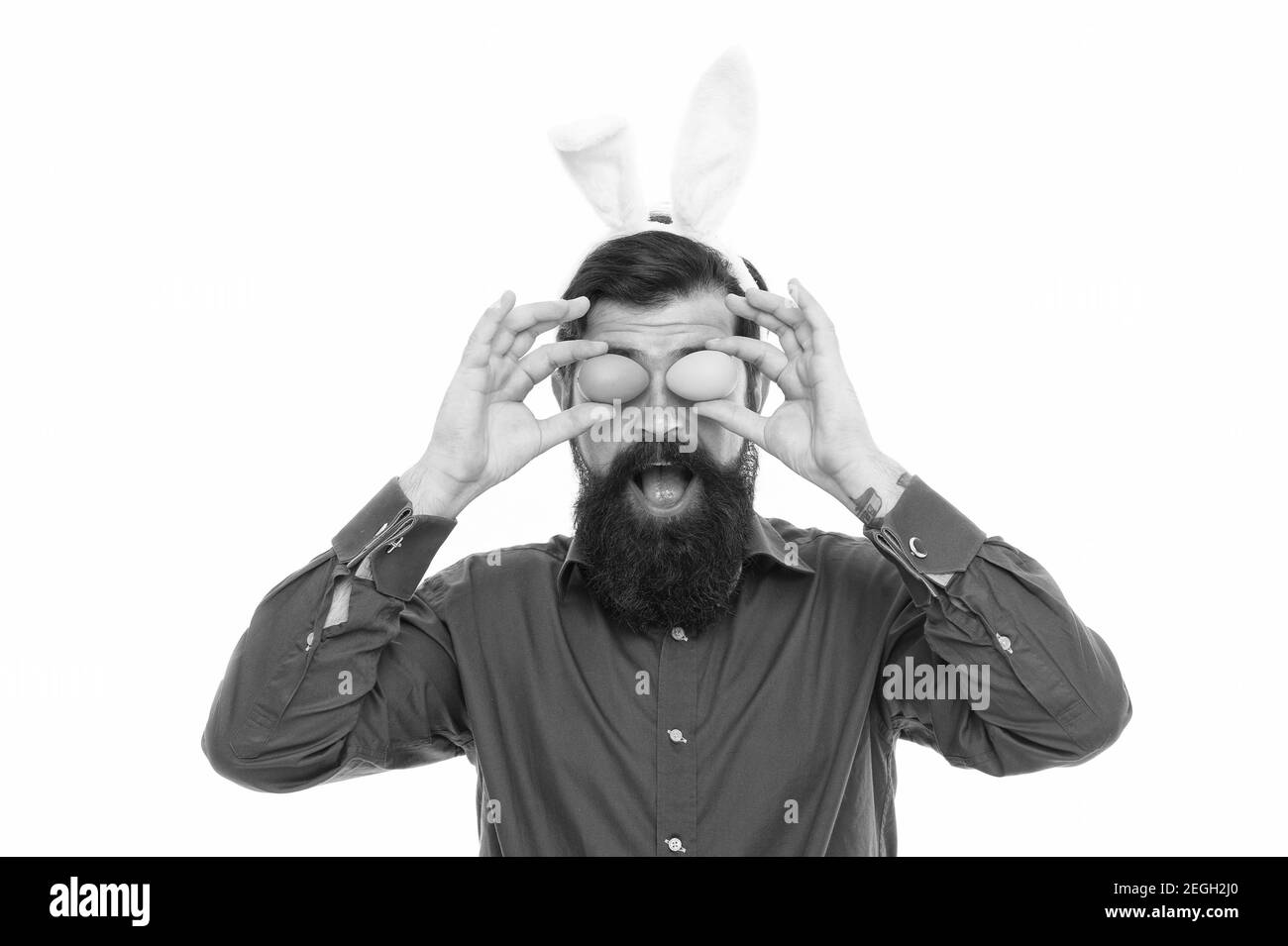 Mr bunny hop. Hipster hold eggs as glasses. Easter bunny bringing eggs ...
