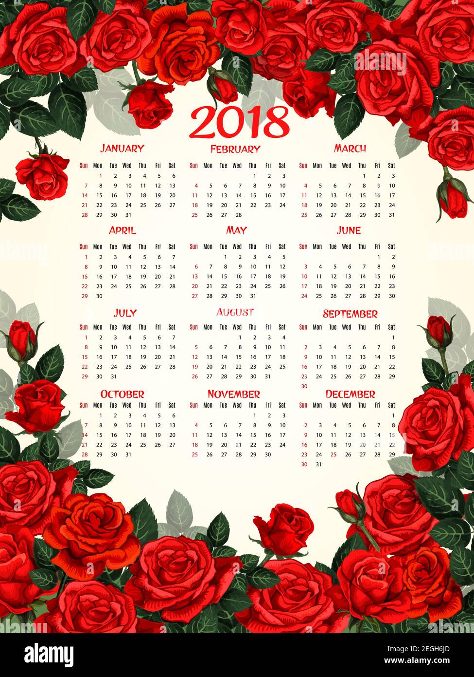 Calendar template with red rose flower frame. Floral year calendar ...