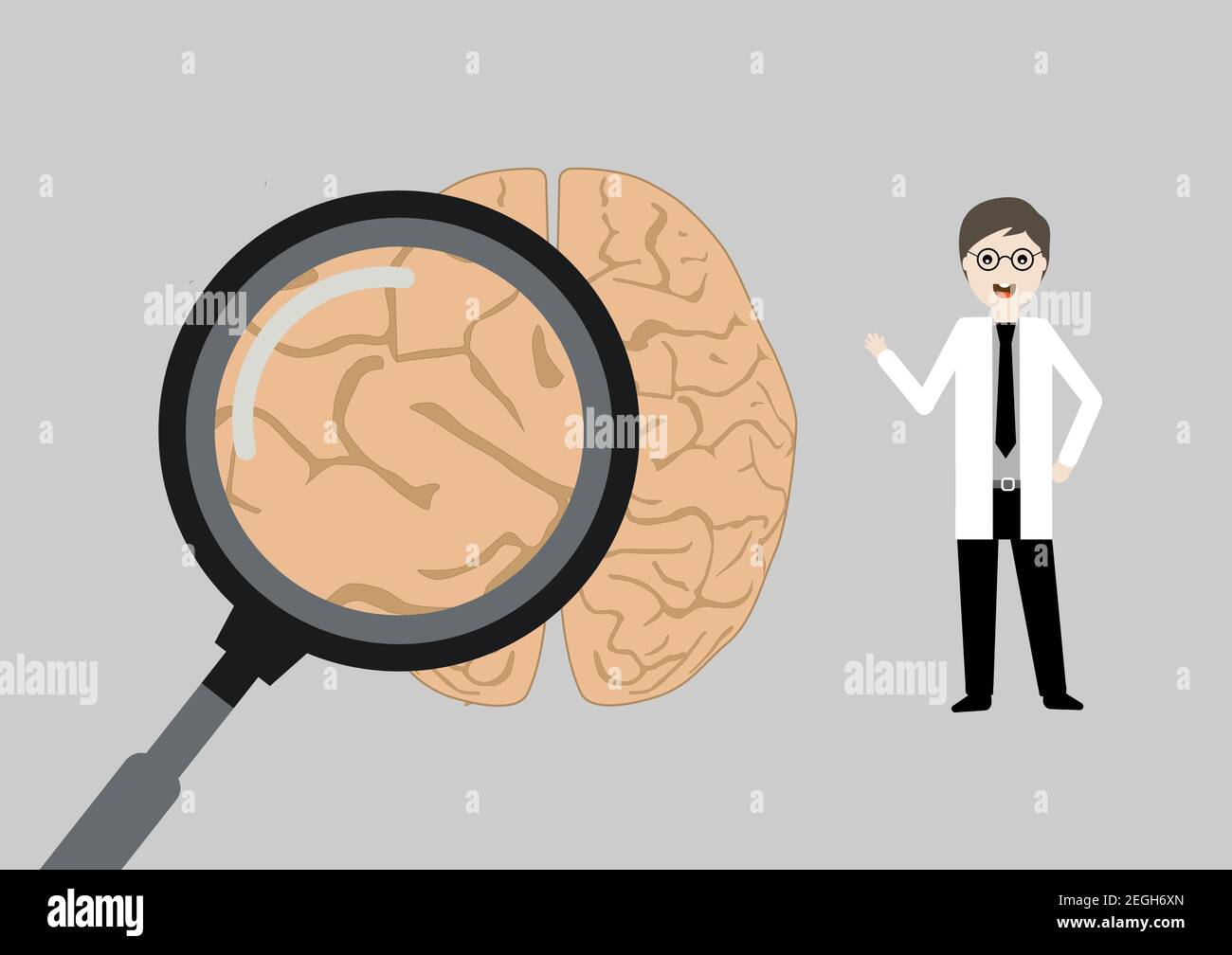 Illustration of brain and magnifying glass, young adult doctor.Concept ...