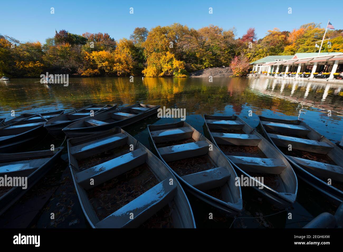 Many rowboats are anchored on The Lake around the Boathouse, which are ...