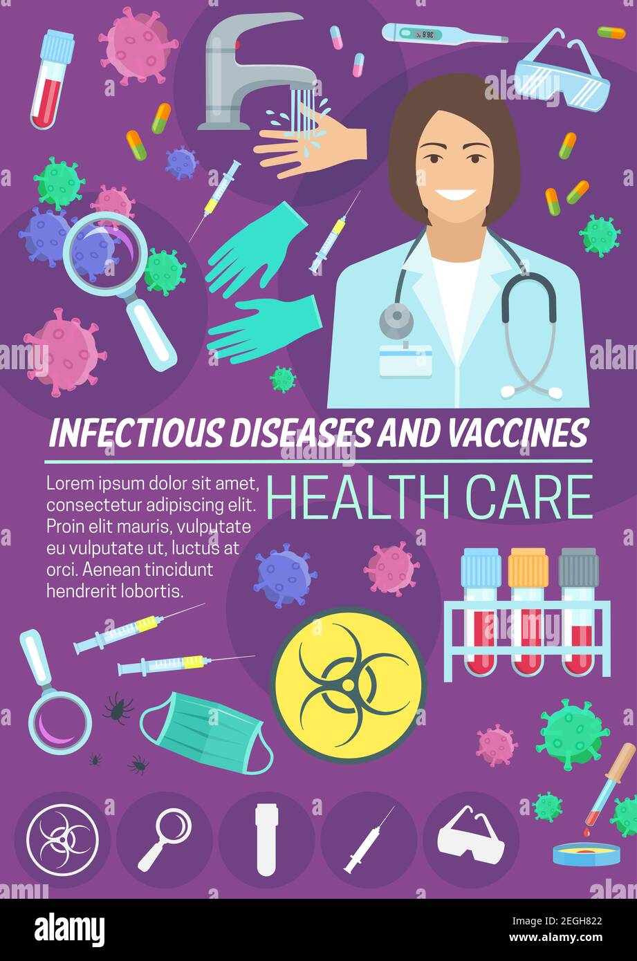 Infectious disease medicine and vaccine health care banner with doctor ...