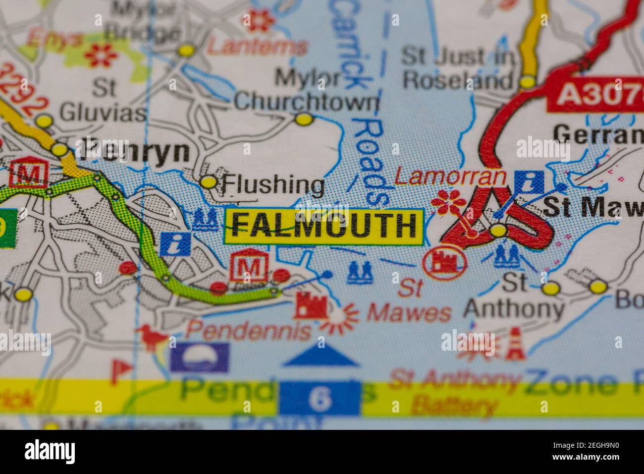 Falmouth and surrounding areas shown on a road map or geography map ...