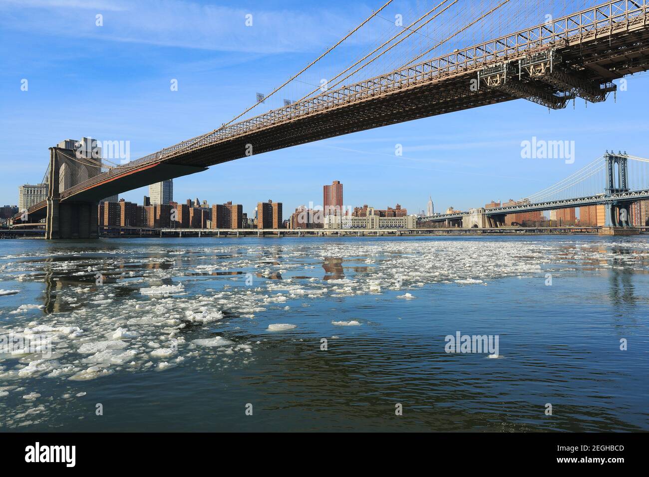 Frozen ice chunks float and drift in the East River due to the cold ...
