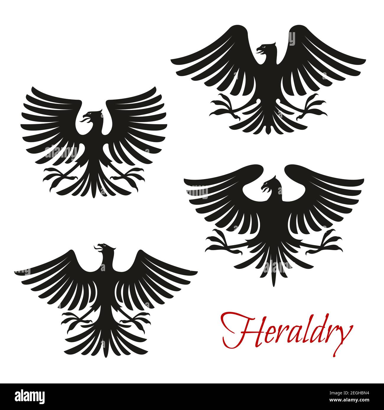 Heraldic eagle symbol set of bird with open wing. Black eagle, falcon ...