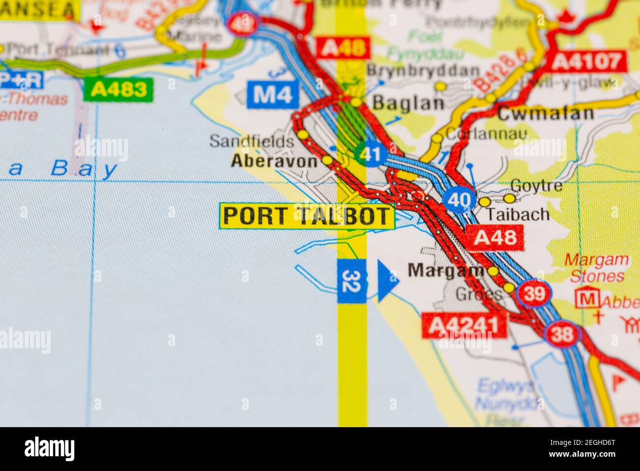 Port Talbot and surrounding areas shown on a road map or geography map ...