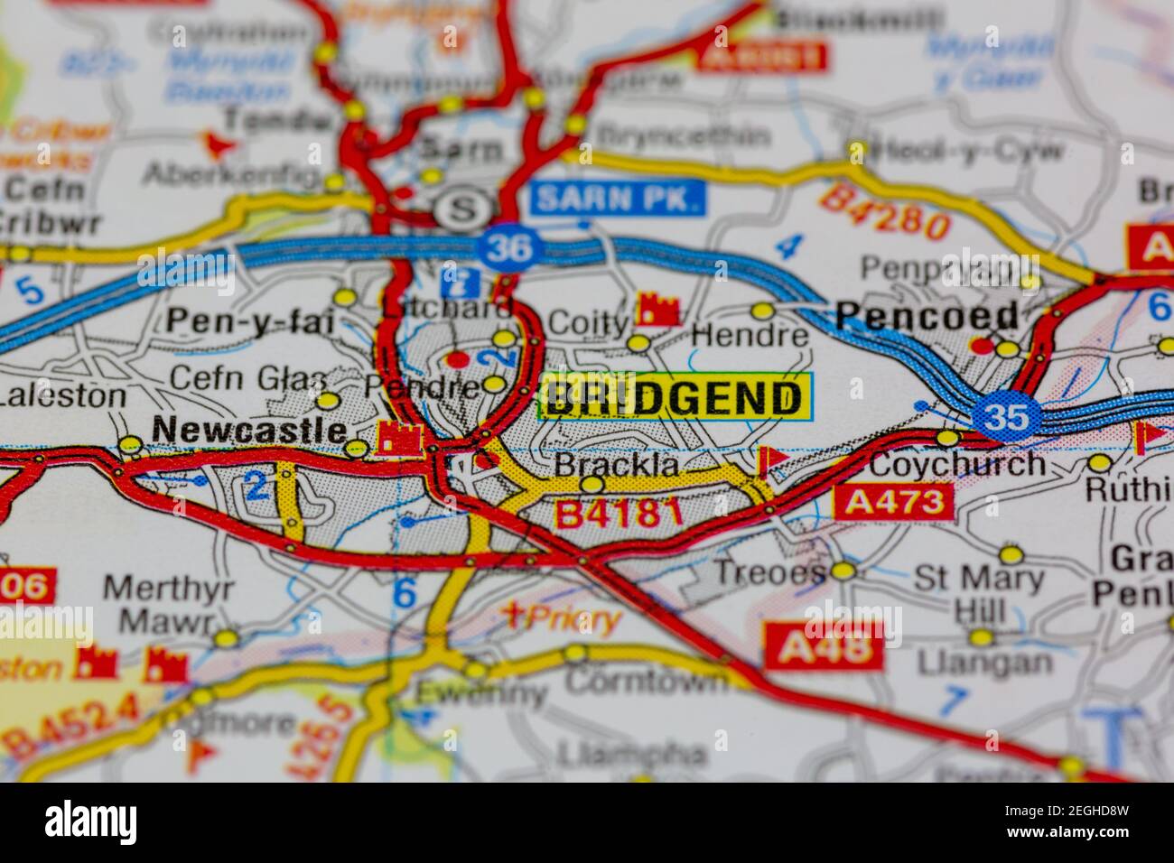 bridgend and surrounding areas shown on a road map or geography map ...