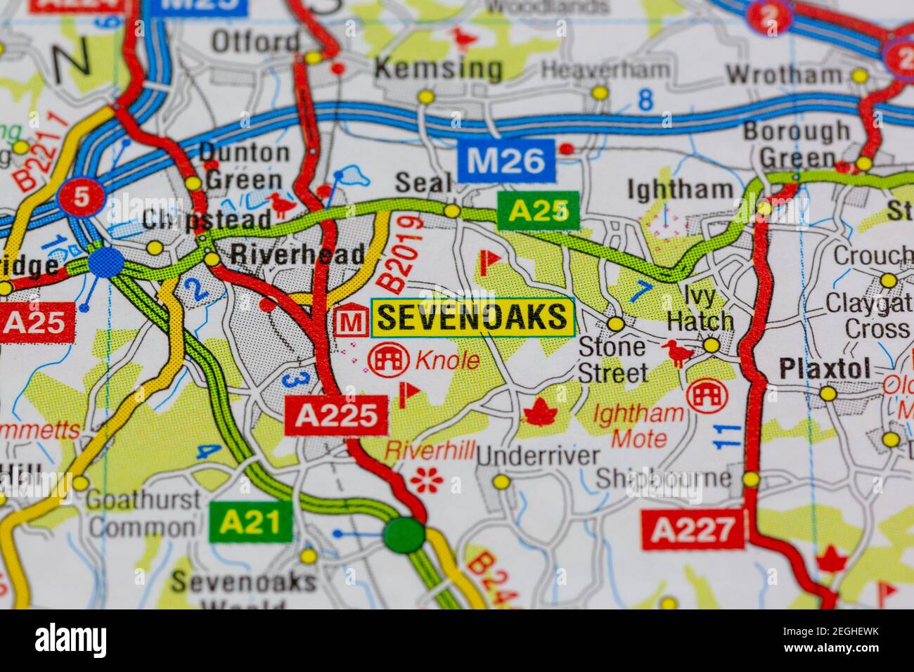 Sevenoaks and surrounding areas shown on a road map or geography map ...