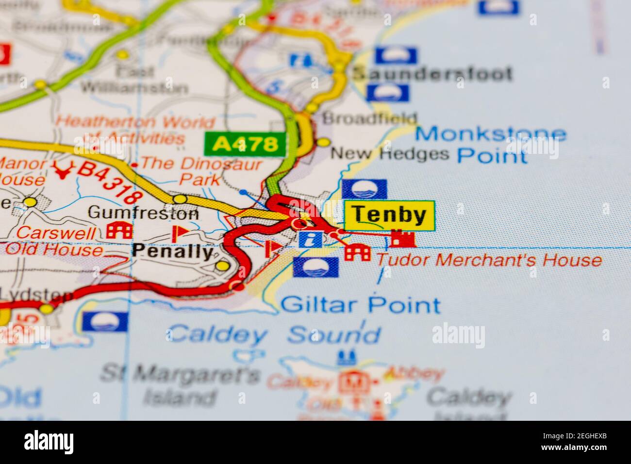 Tenby and surrounding areas shown on a road map or geography map Stock ...