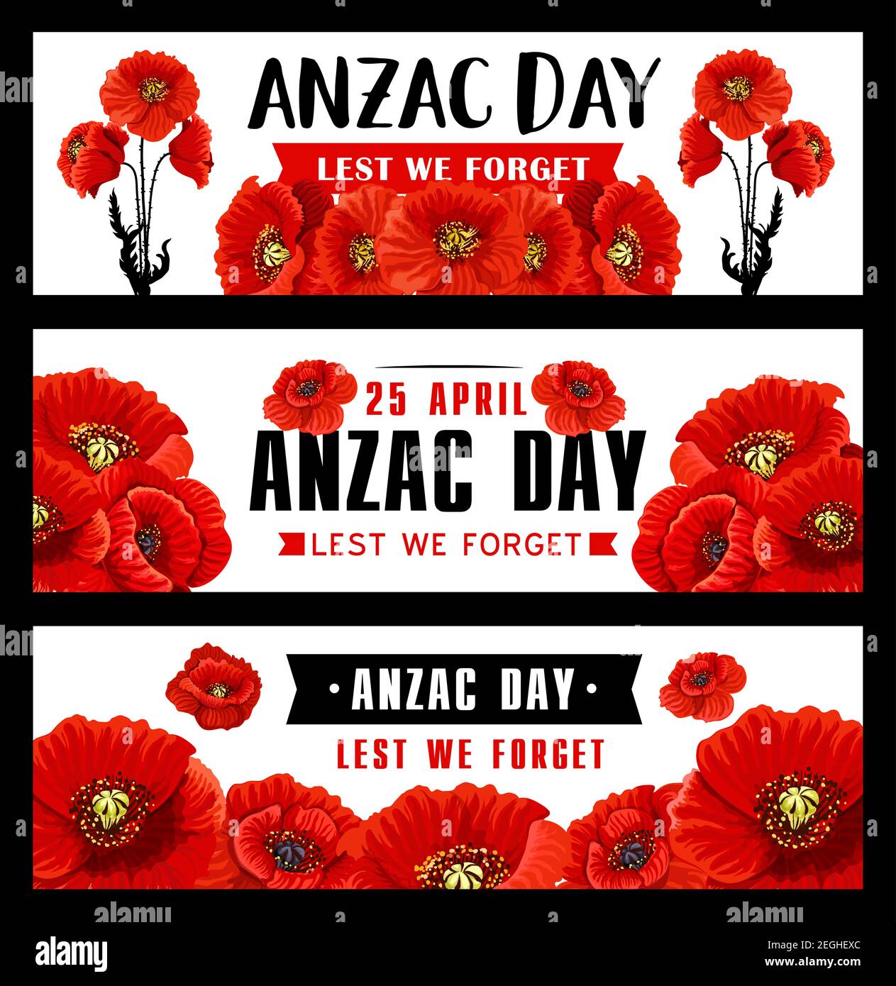 Anzac Remembrance Day banner with red poppy flower. Australian and New ...