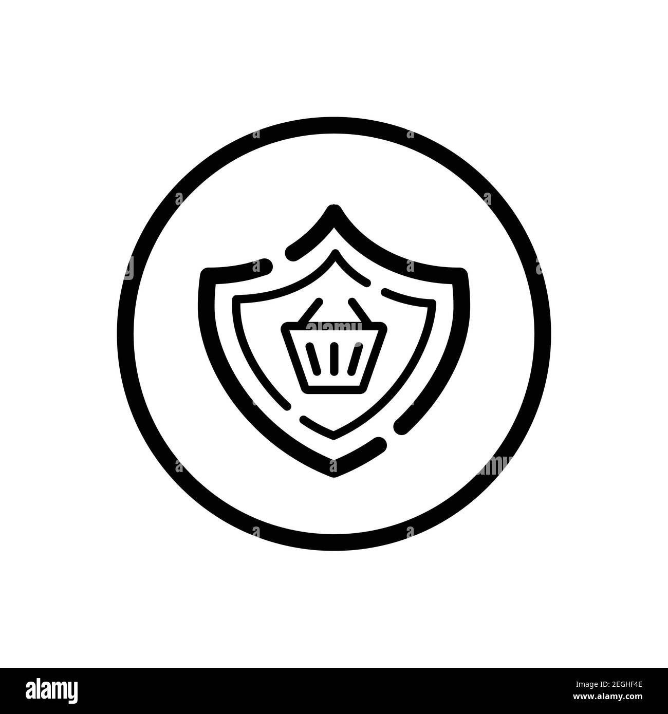 Secure purchase. Security shield and shopping basket. Commerce outline ...