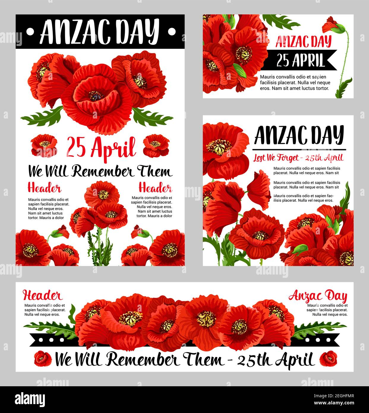 Anzac poppy poster set with floral symbol of National Day of ...