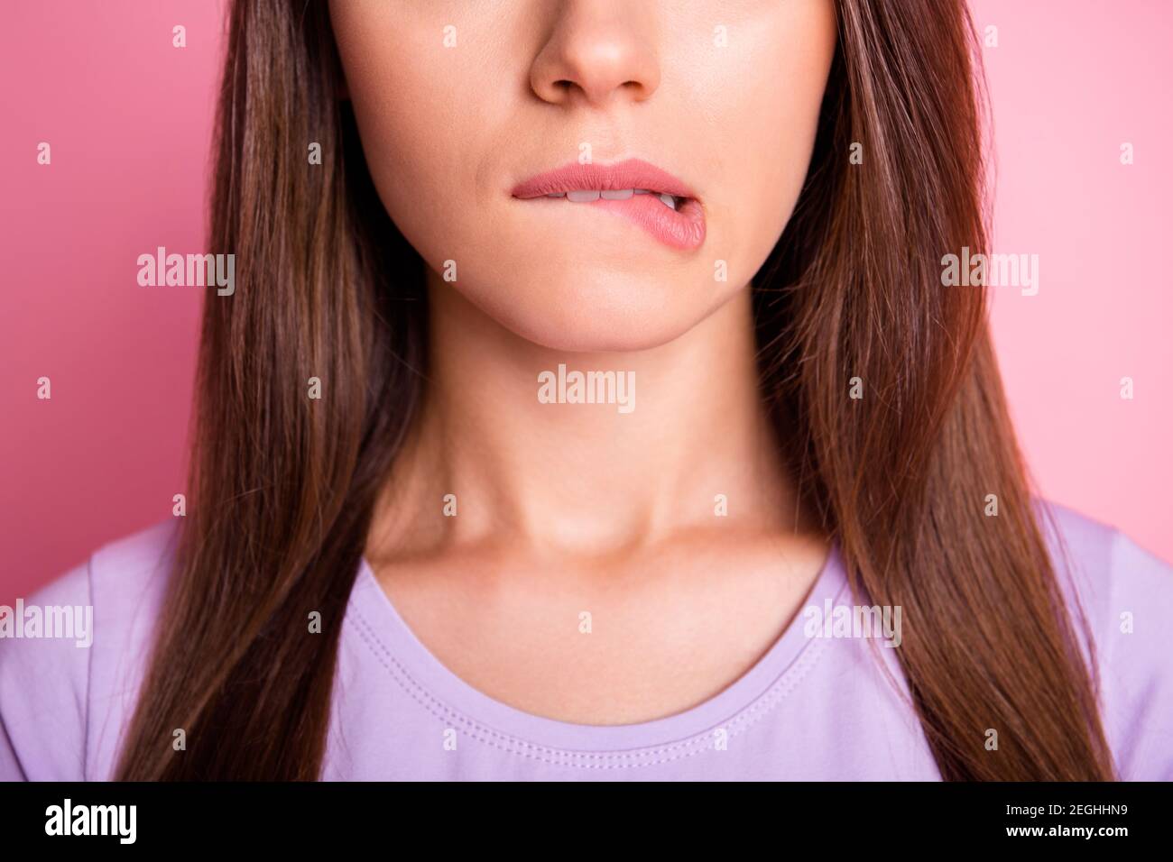 Close-up photo portrait of woman biting lower lip isolated on pastel ...