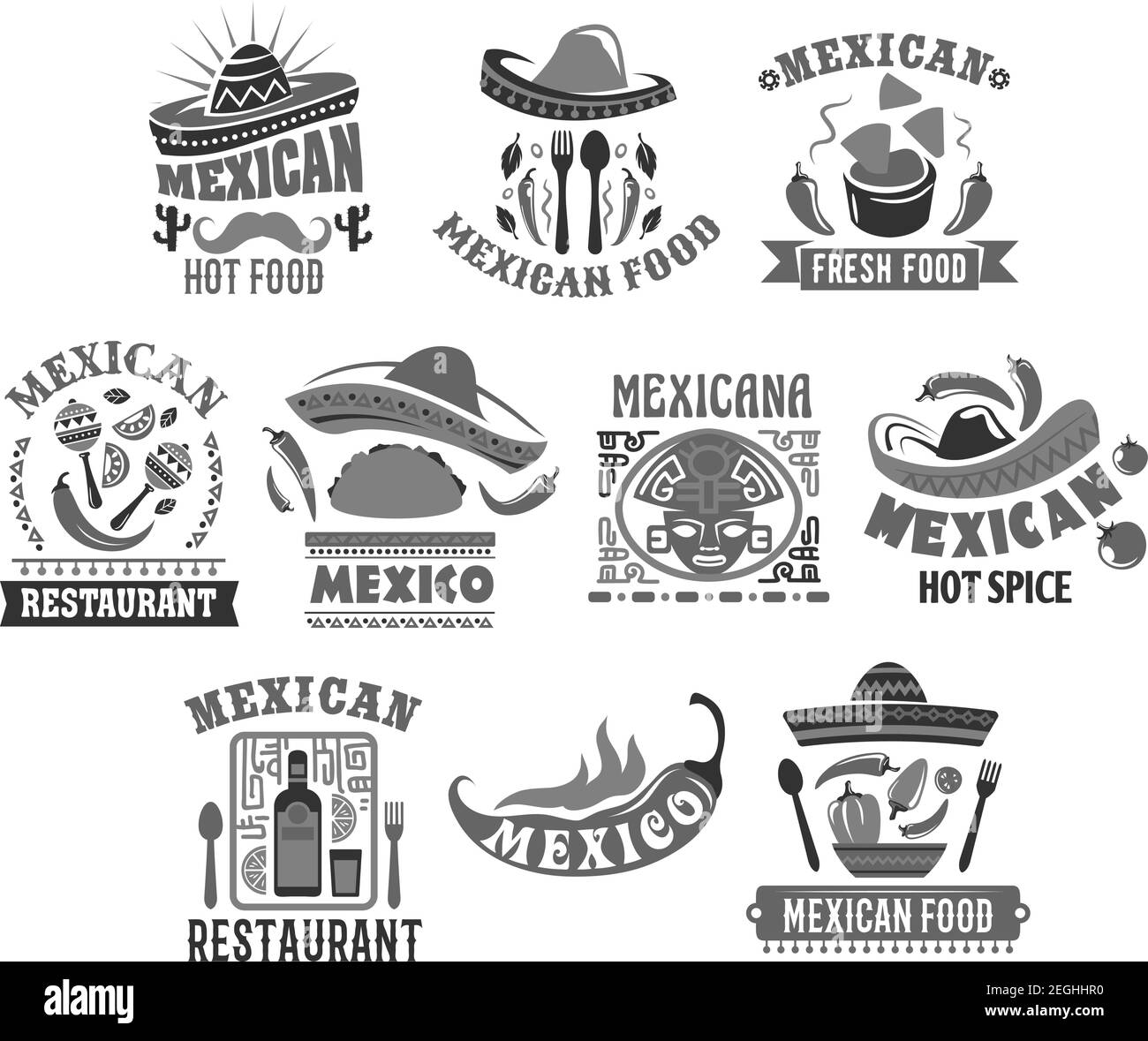 Mexican restaurant icons set of sombrero hat, jalapeno chili pepper in ...