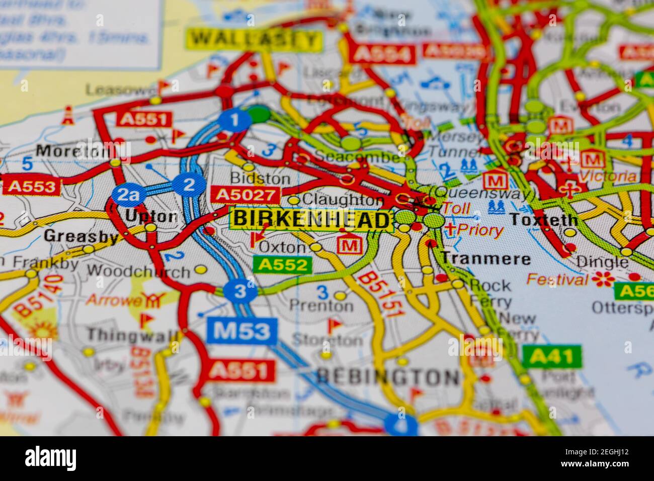 birkenhead and surrounding areas shown on a road map or geography map ...