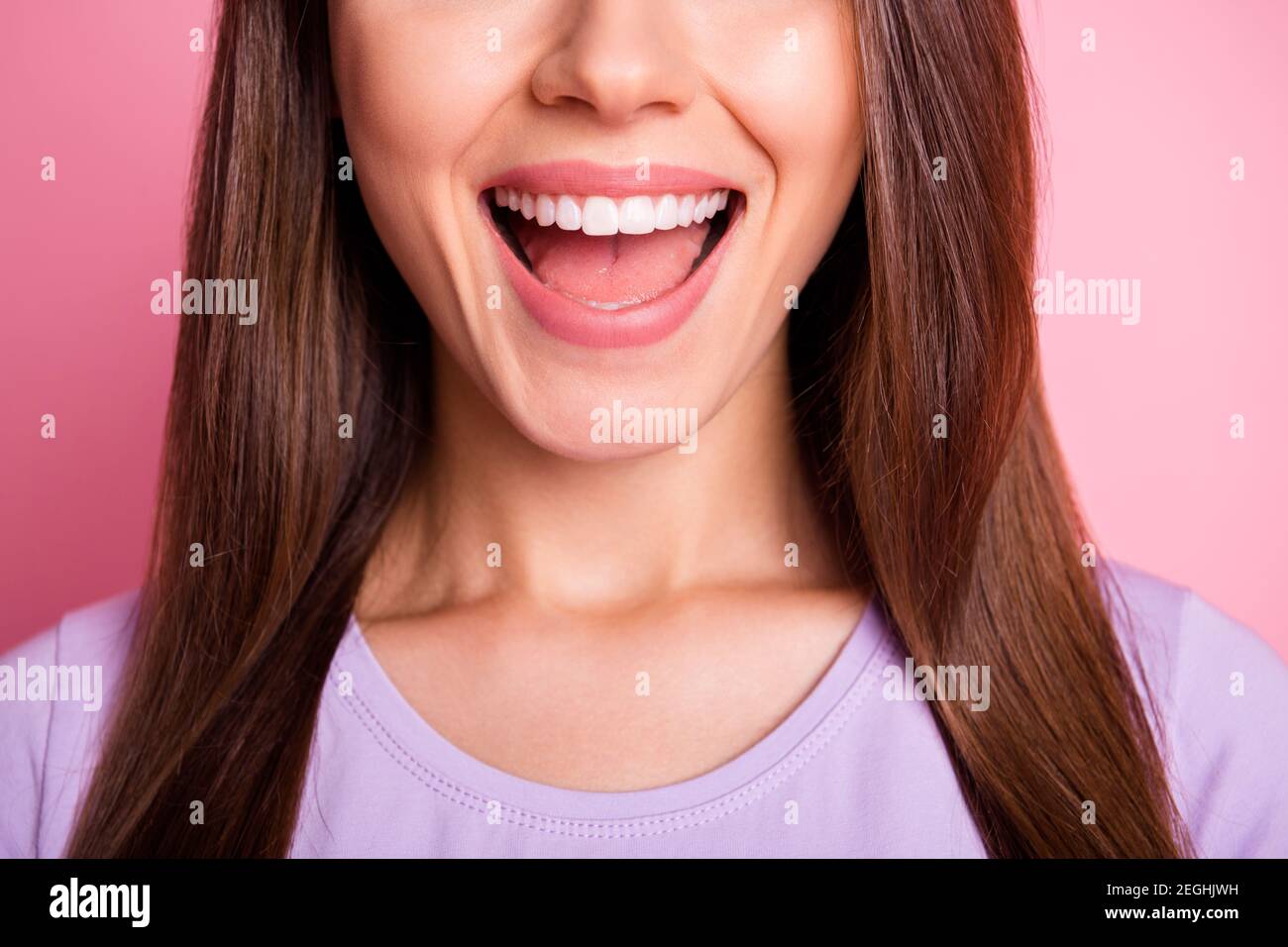 Close-up photo portrait of woman smiling mouth lips teeth isolated on ...