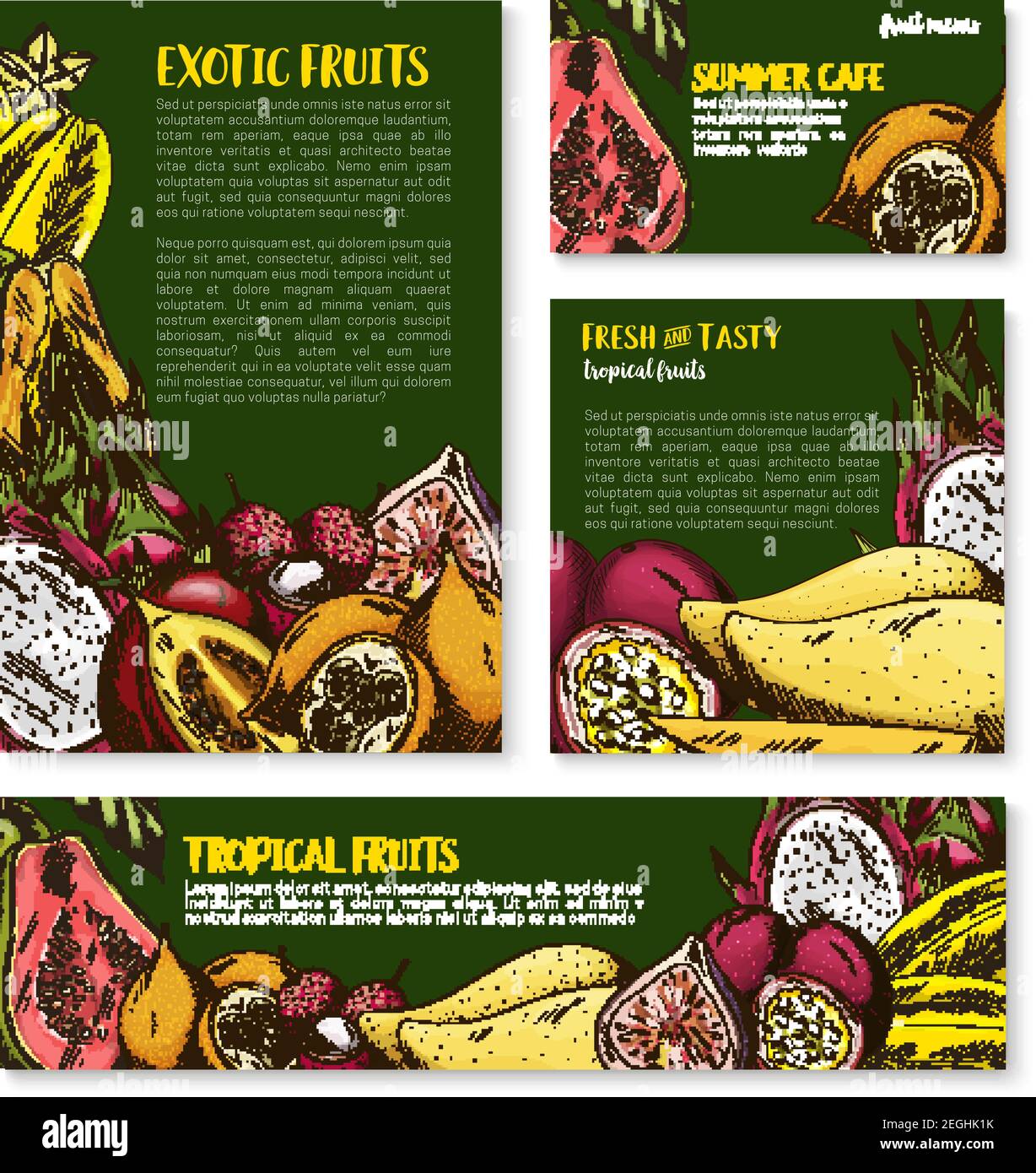 Exotic tropical fruits posters and banners templates for farm market ...