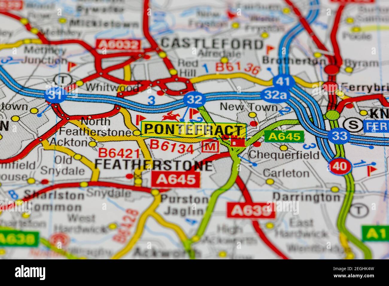 Pontefract and surrounding areas shown on a road map or geography map ...