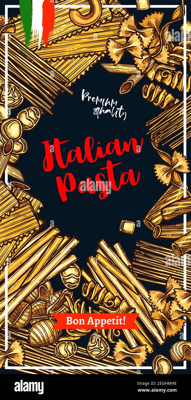 Italian pasta banner with macaroni and spaghetti frame border ...