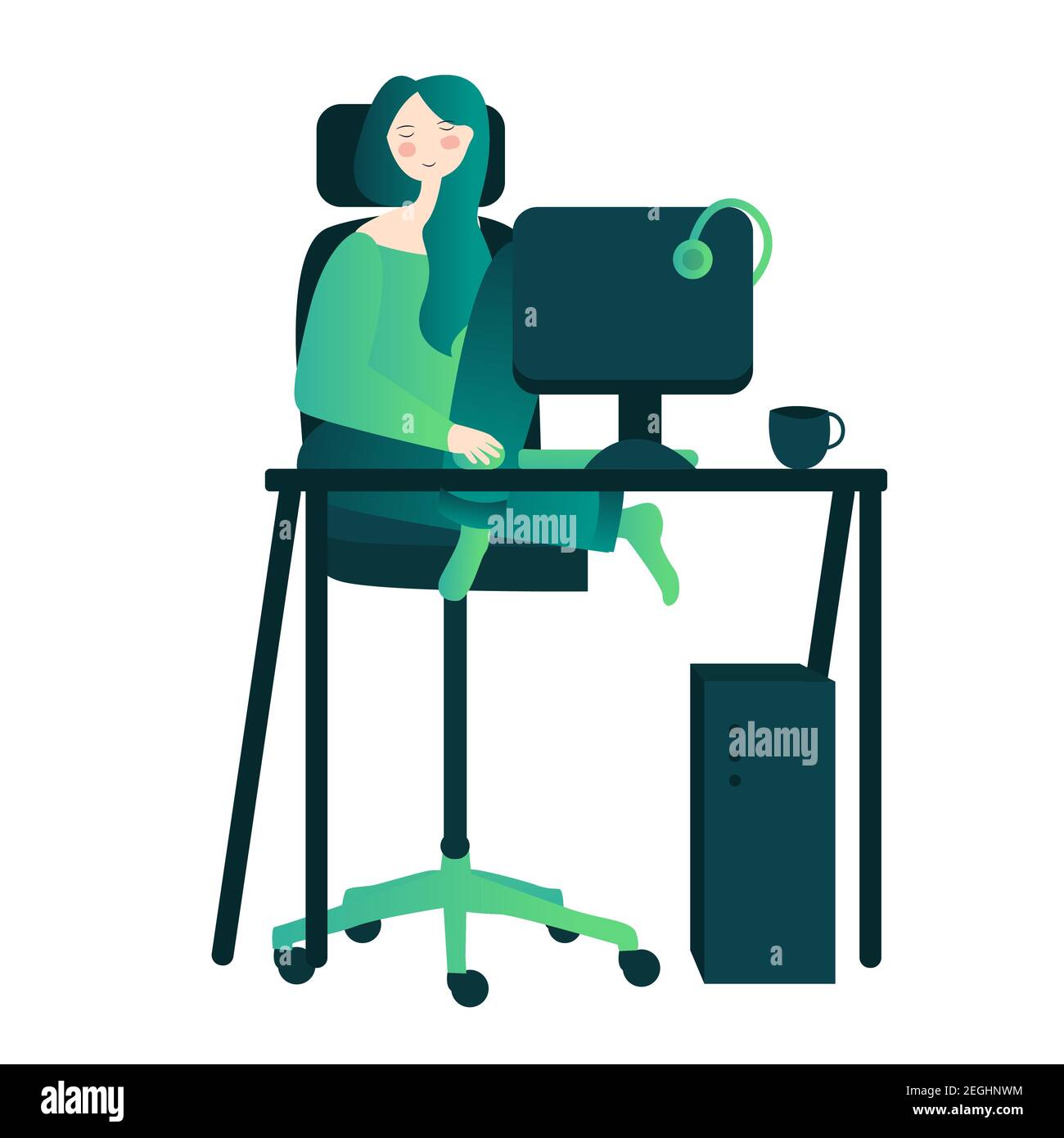woman enjoyed rest on workspace with cartoon flat style Stock Vector ...