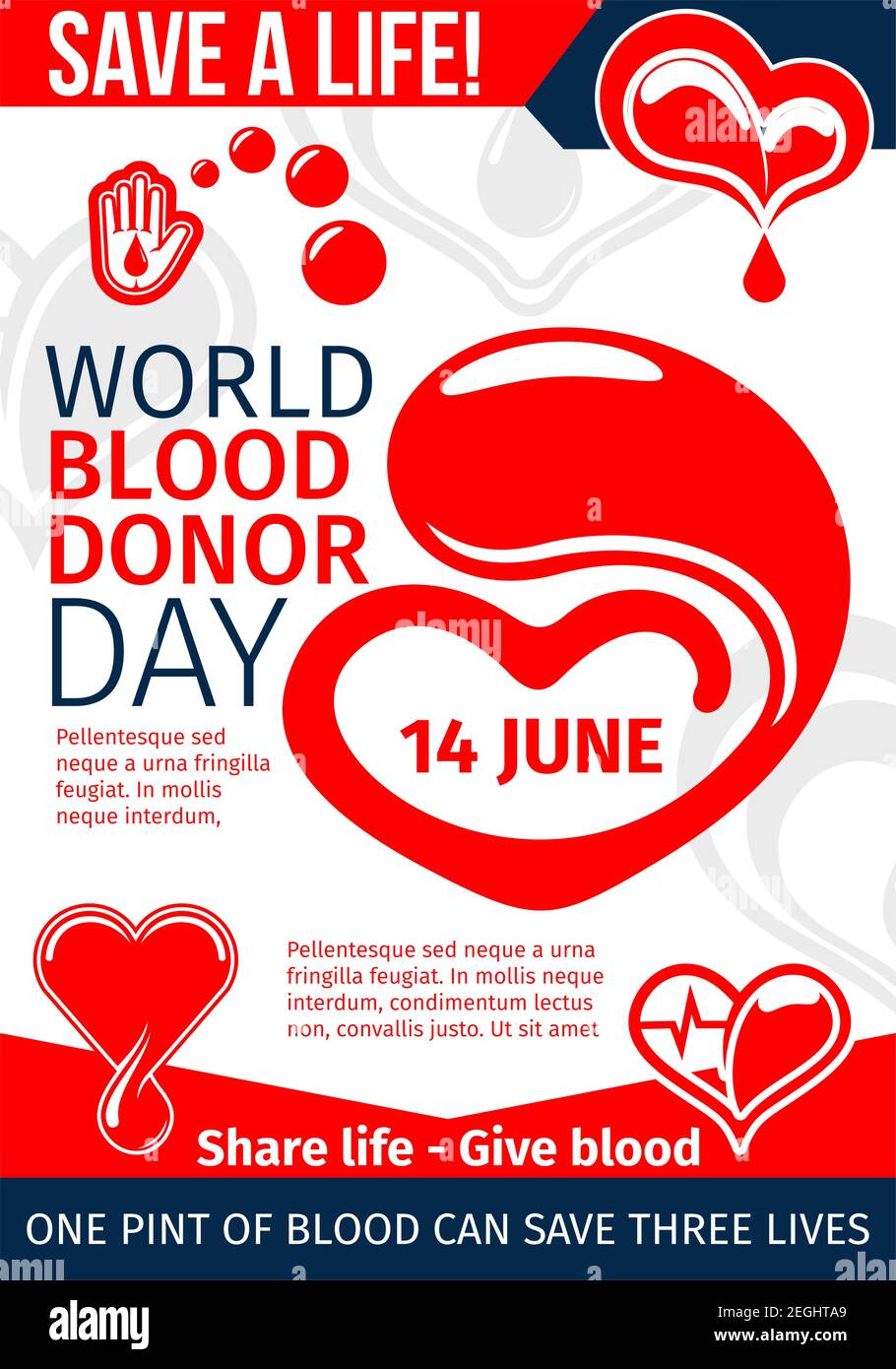 Donate Blood and Save Life medical banner for World Donor Day template. Red heart and helping ...