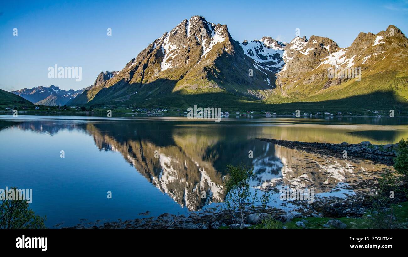 Beautiful Nature Norway natural landscape with mountain reflection on a ...