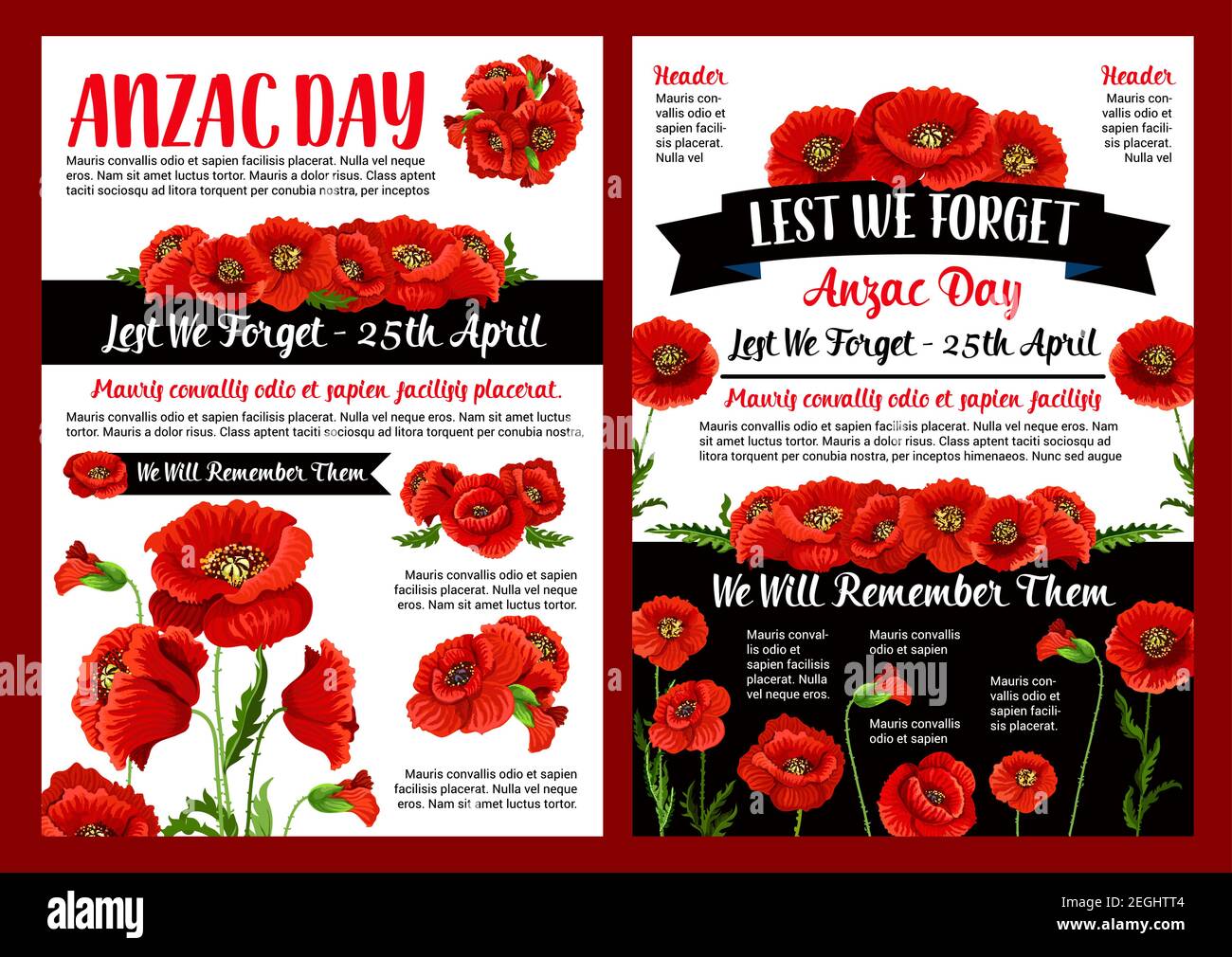 Anzac Day memory banner of poppy flower and black ribbon with Lest We ...