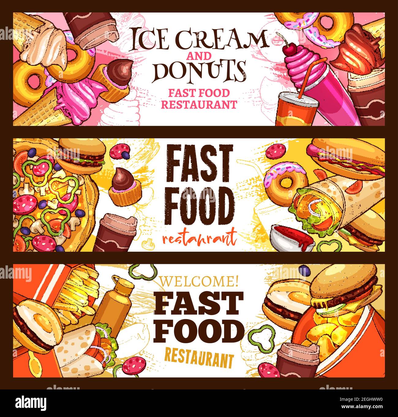 Fast food restaurant banner set for burger and dessert menu template ...