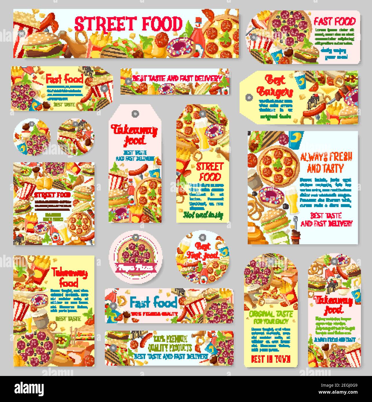 Fast food tag and banner set. Hamburger, hot dog and cheese sandwich ...