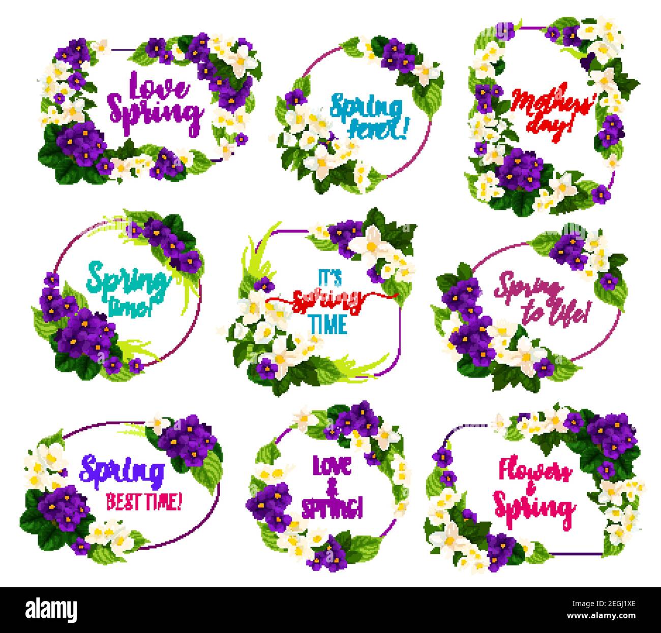 Flower frame icon with spring floral blossom. White and purple blooming ...
