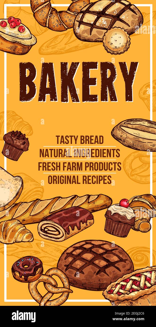 Bakery shop sketch banner of bread and baked pastry desserts. Vector ...
