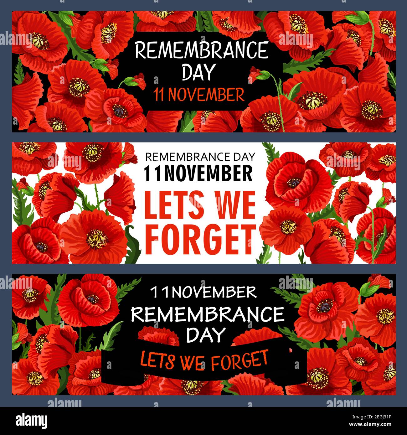Remembrance Day banners of poppy flowers for 11 November Lest we Forget ...