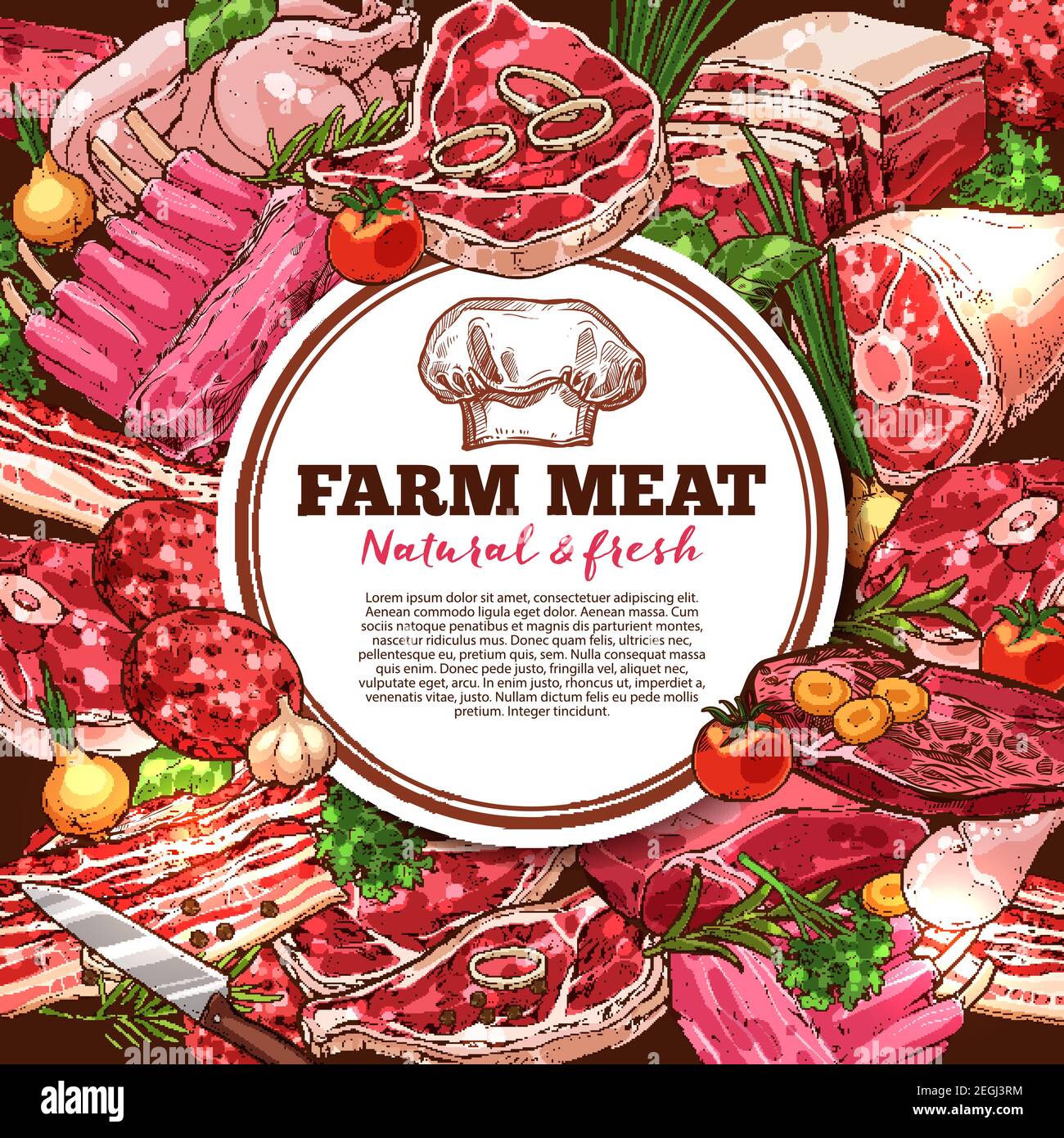 Fresh meat sketch poster for organic farm or grocery store. Vector ...