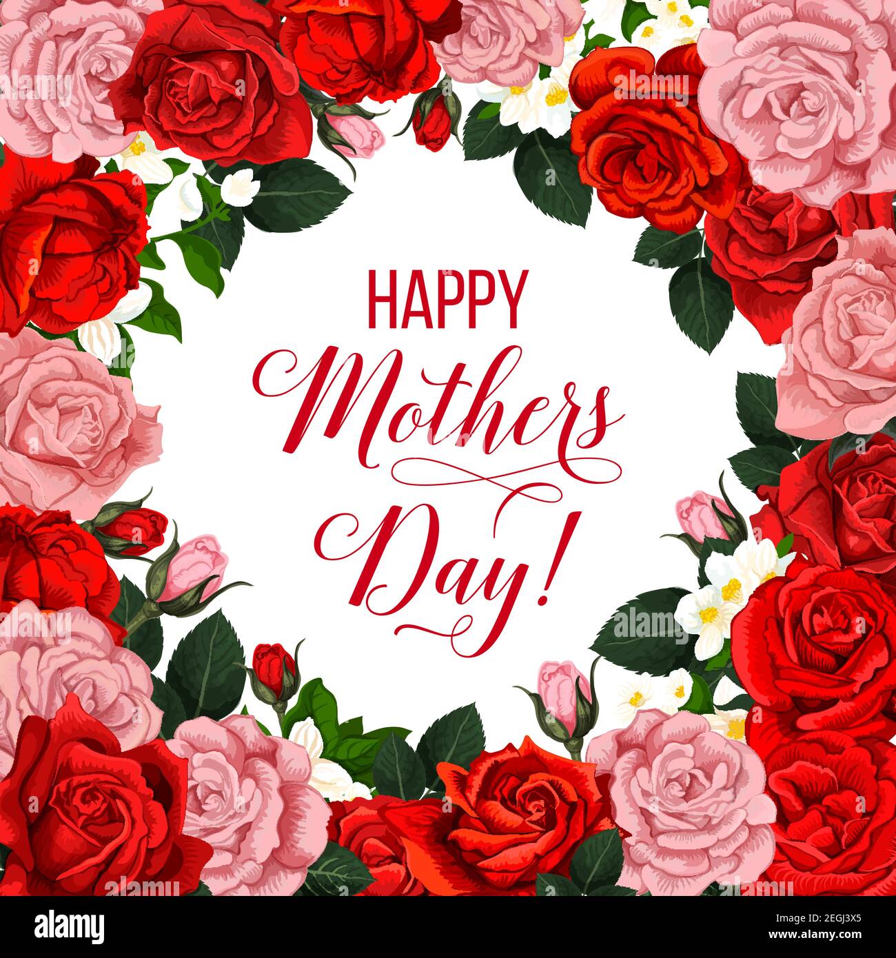 Mother Day floral poster with spring flower frame. Pink and red rose ...