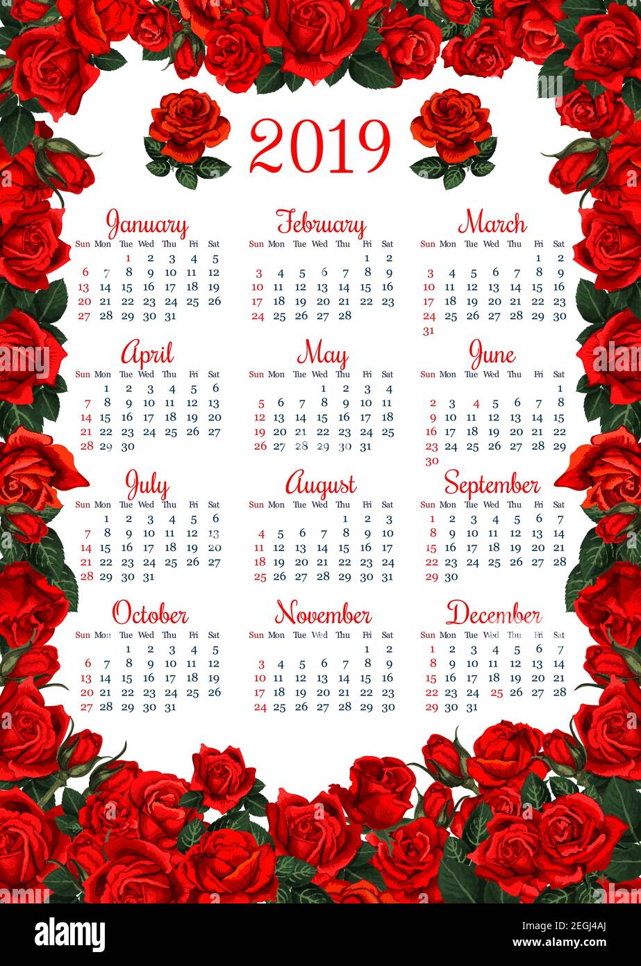 Year calendar template in red flower frame. Summer floral wreath of ...