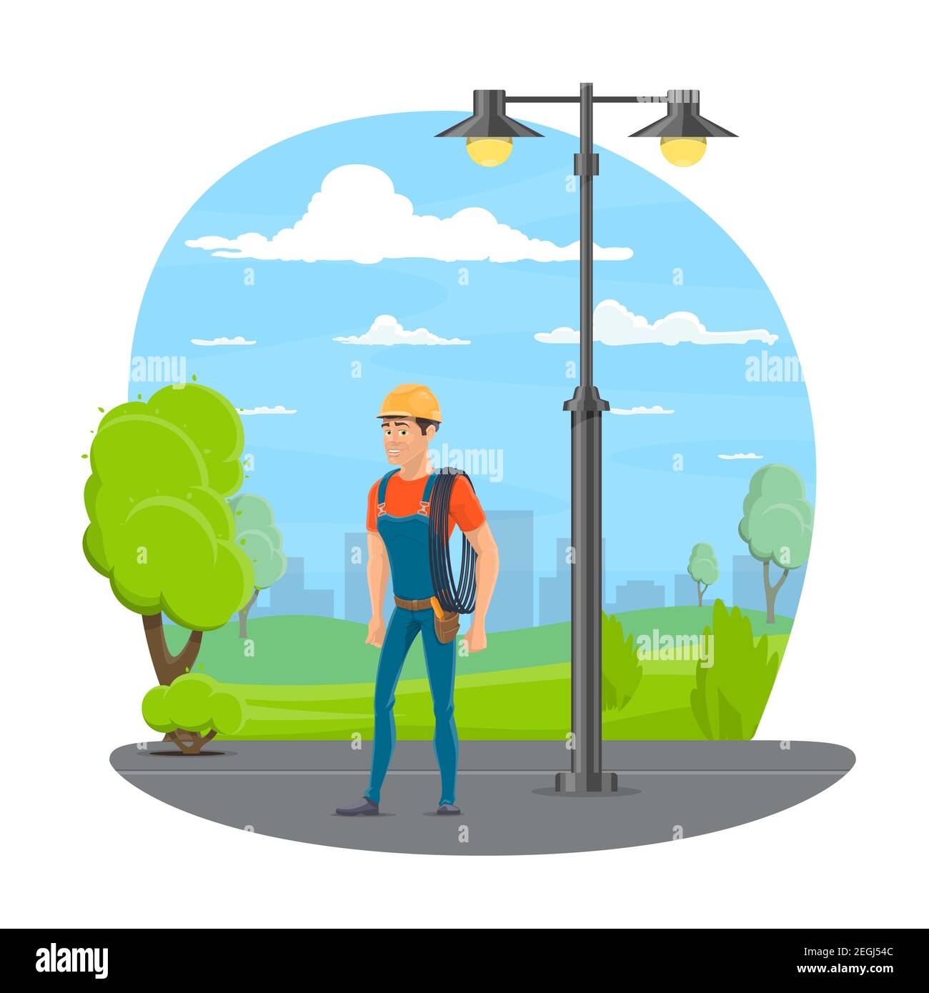 Lineman with work tool cartoon icon for electrical technician ...
