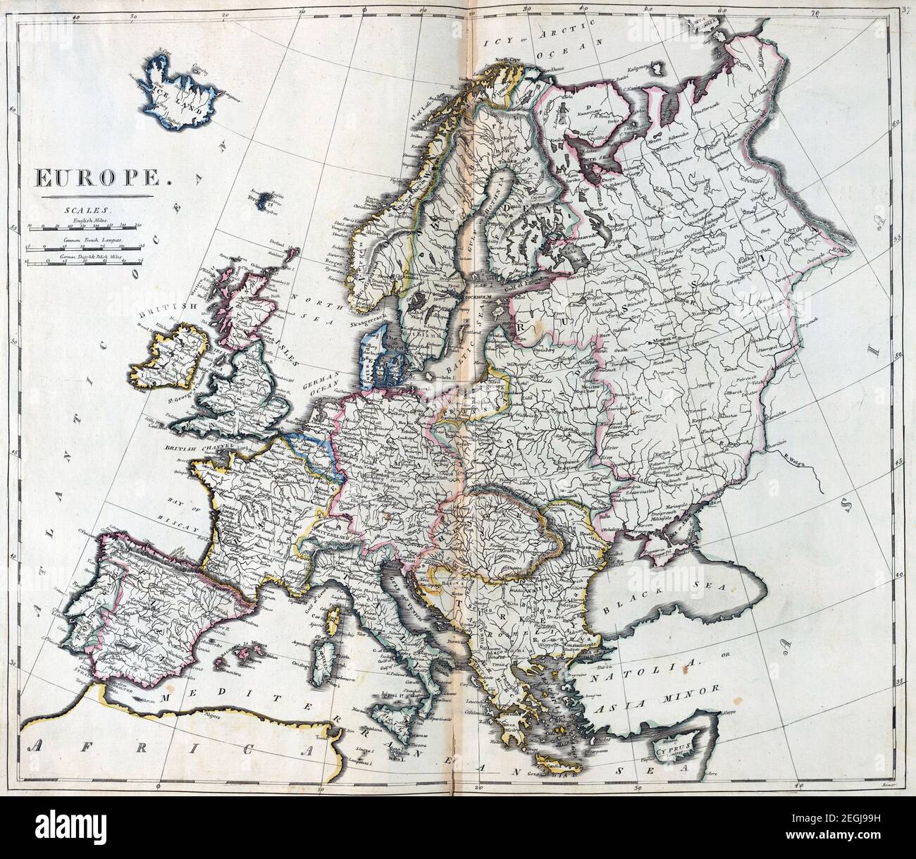 Old map of Europe, retro and on vintage paper, circa 1814. copyrights ...