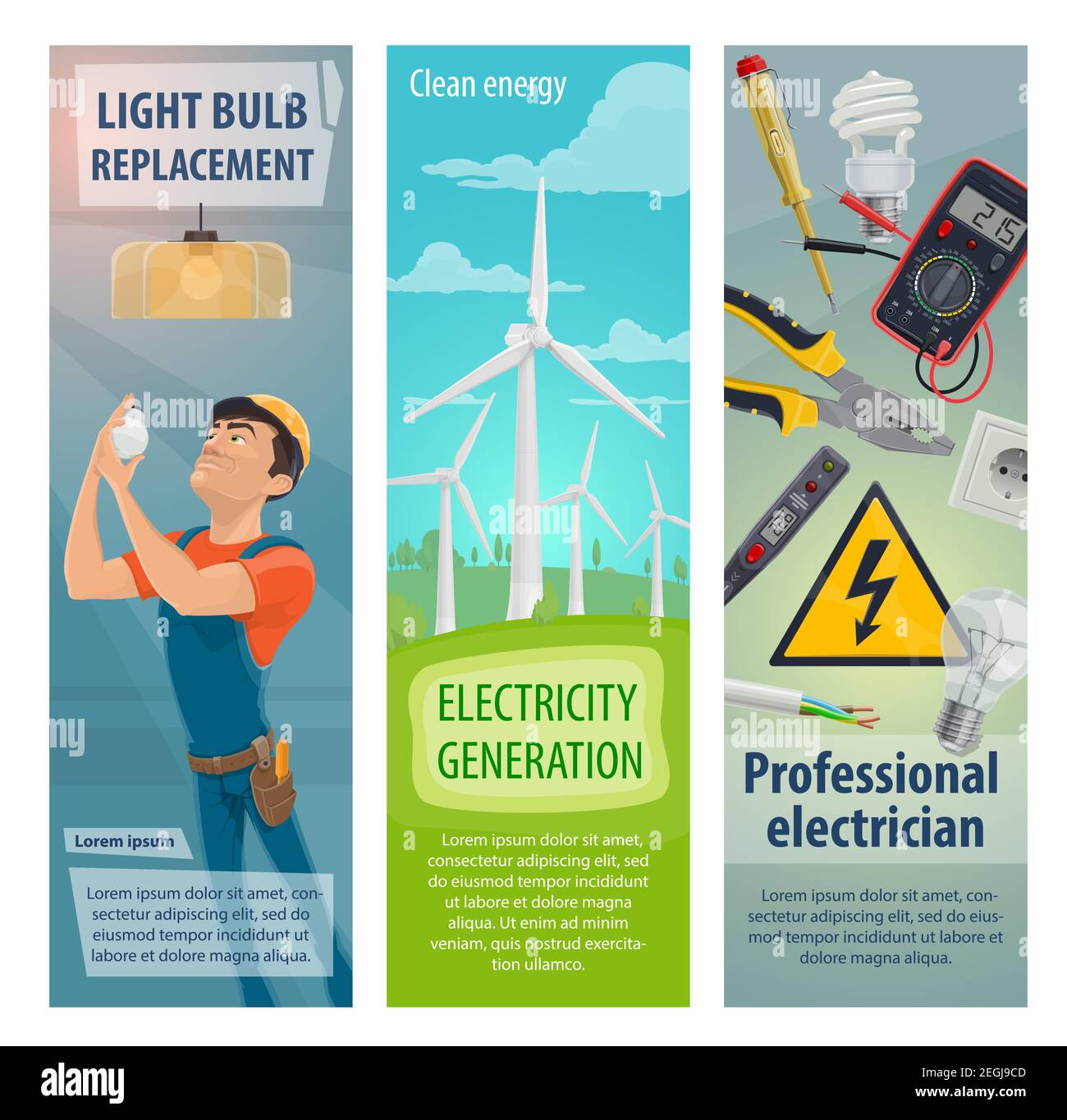 Electrician profession worker and electricity repair work tools banners ...