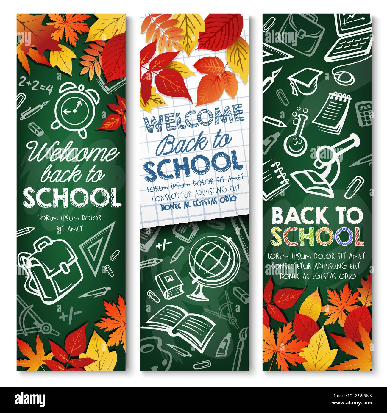 Back to School autumn education season banners of green chalkboard ...