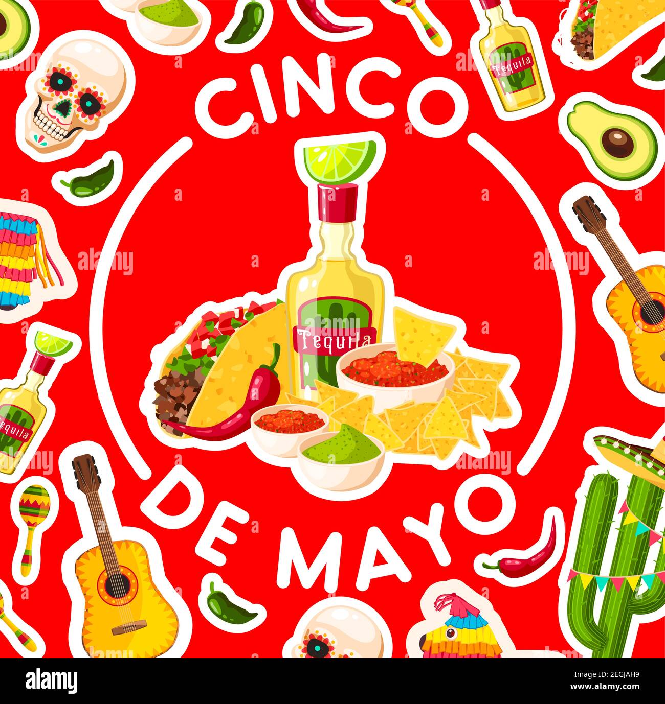 Cinco de Mayo holiday poster with mexican fiesta party food and drink ...