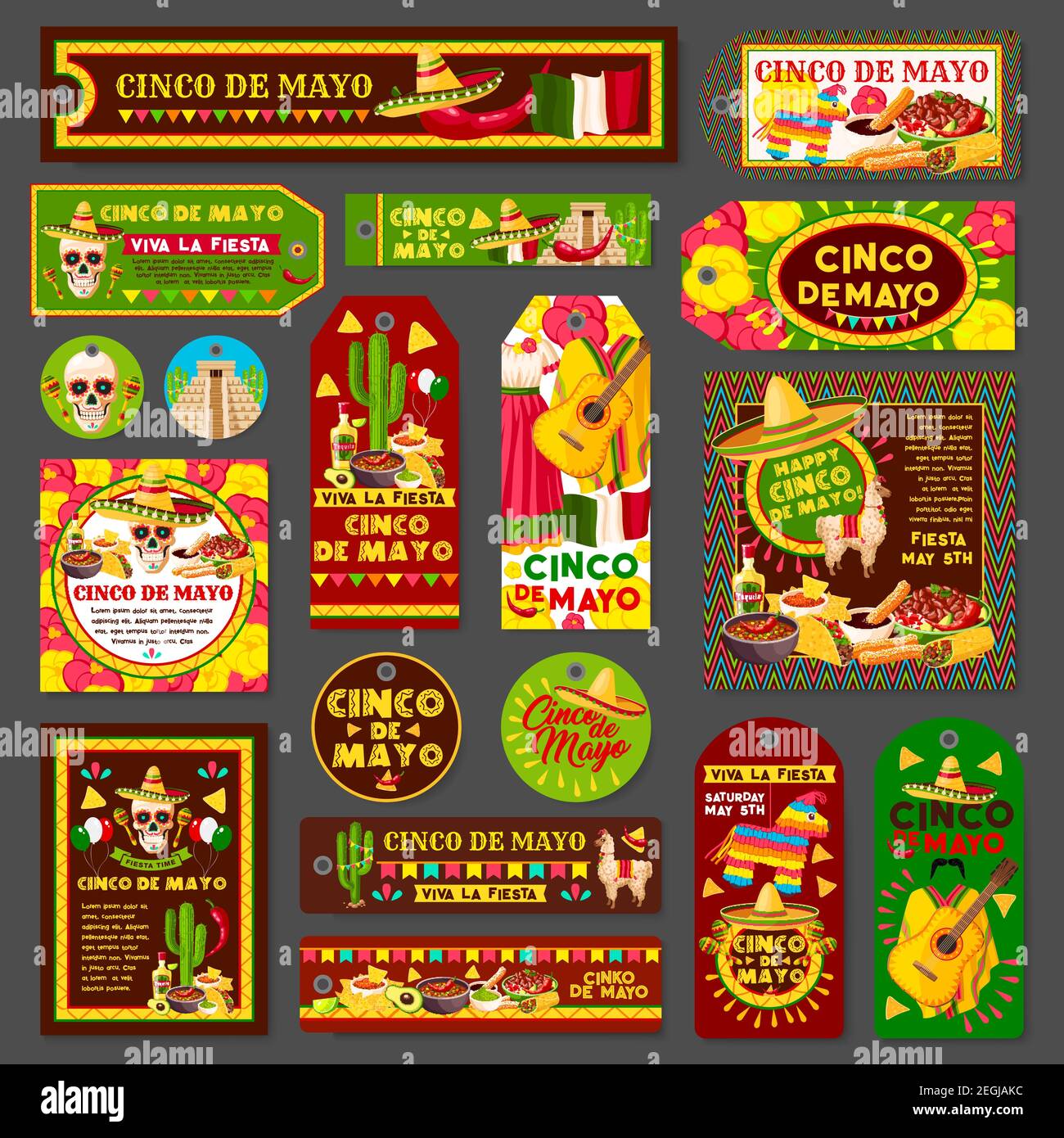 Cinco de Mayo mexican fiesta party tag and greeting card set. Latin ...