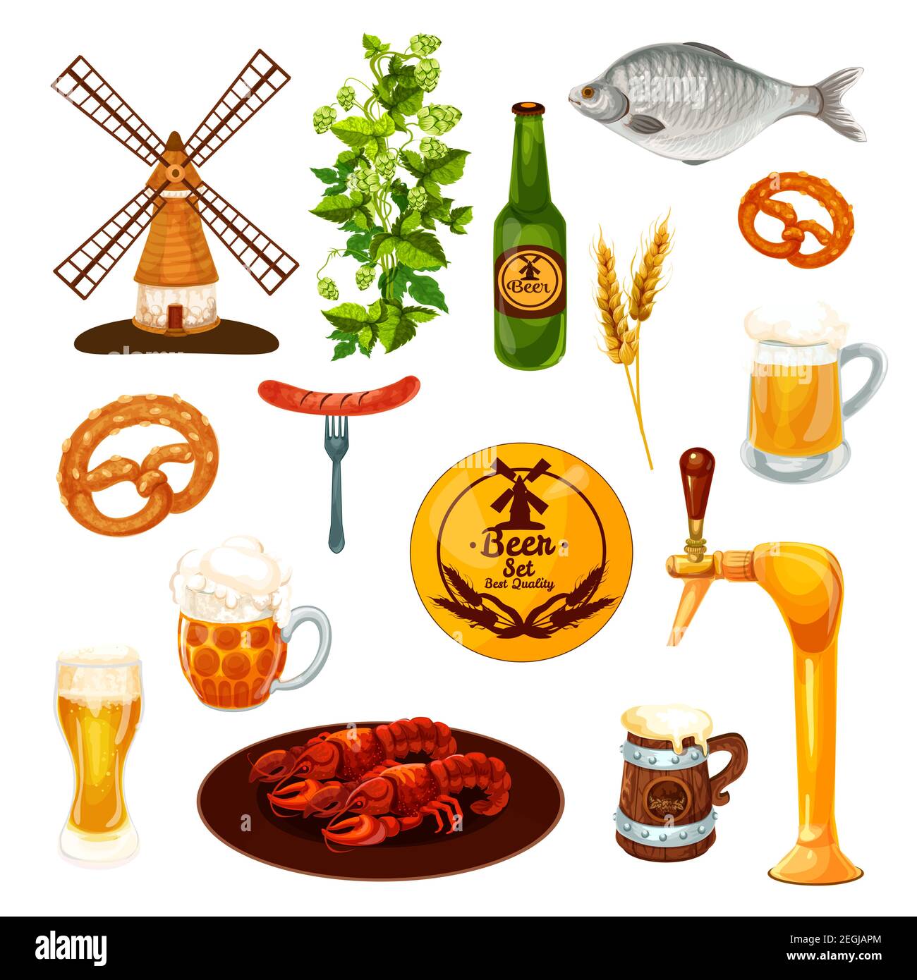 Beer drink and snack food cartoon icon for bar, pub and brewery design ...